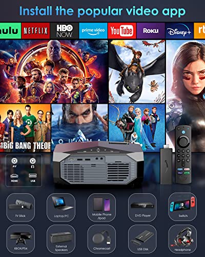 YOWHICK Native 1080P Projector with 5G WiFi and Bluetooth, 10000L Outdoor Portable Video Projector Support 4K, Home Theater Movie Projector Compatible with HDMI, USB, Laptop, Smart Phone, Black
