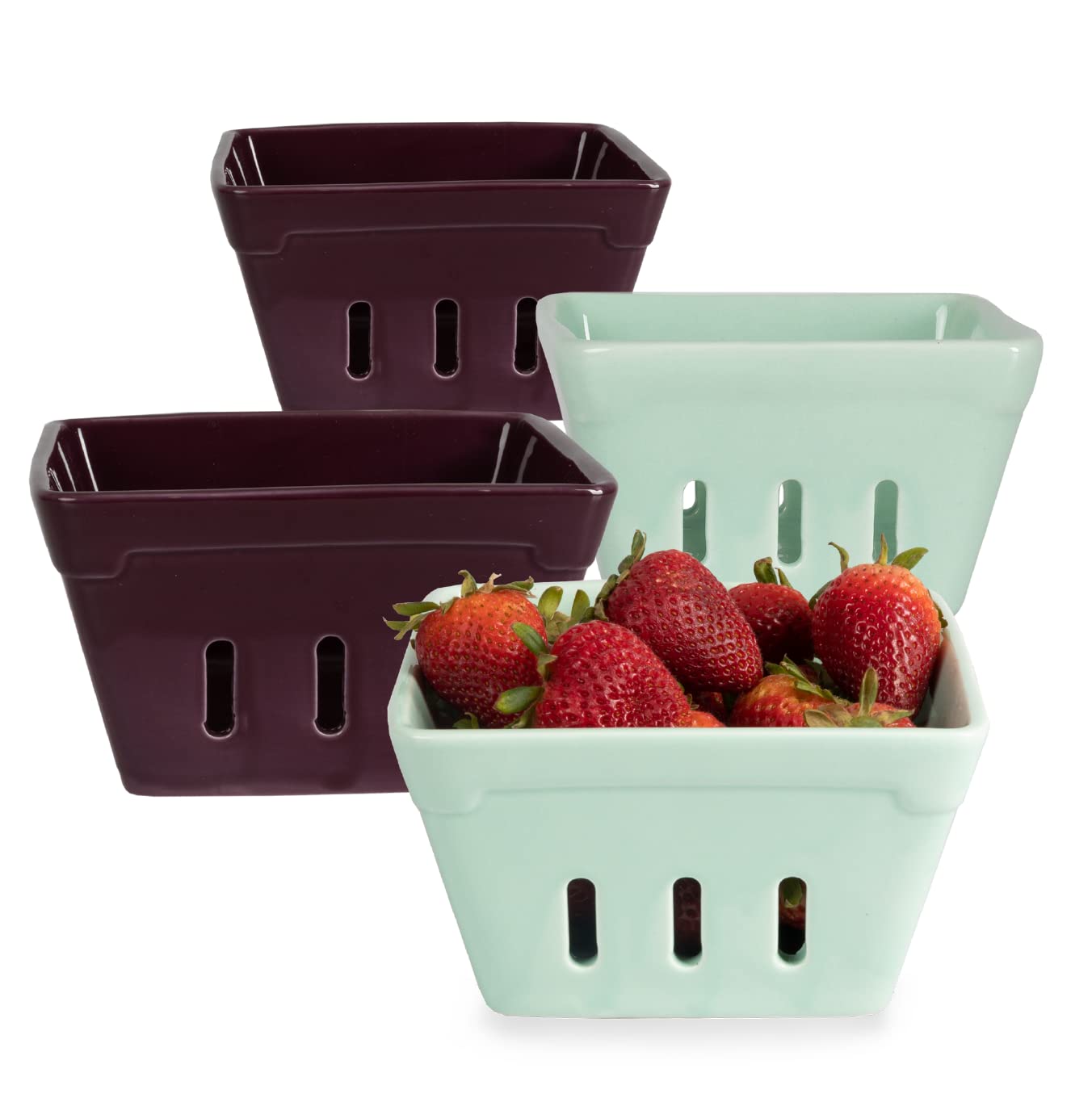 Crutello Ceramic Fruit Basket, 2 XLarge and 2 Standard Square Bowls for Fruit and Veggies, Strawberry Basket, Ceramic Collander