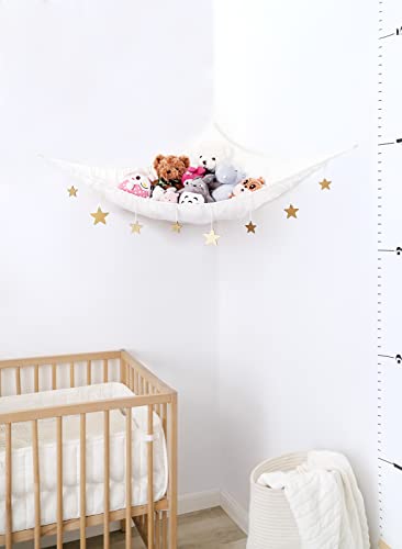 Mkono Stuffed Animal Toy Hammock Hanging Macrame Stuffed Animals Storage Net with Wooden Stars Decorations Boho Large Corner Plush Toys Holder for Nursery Playroom Kids Room Organizer, White