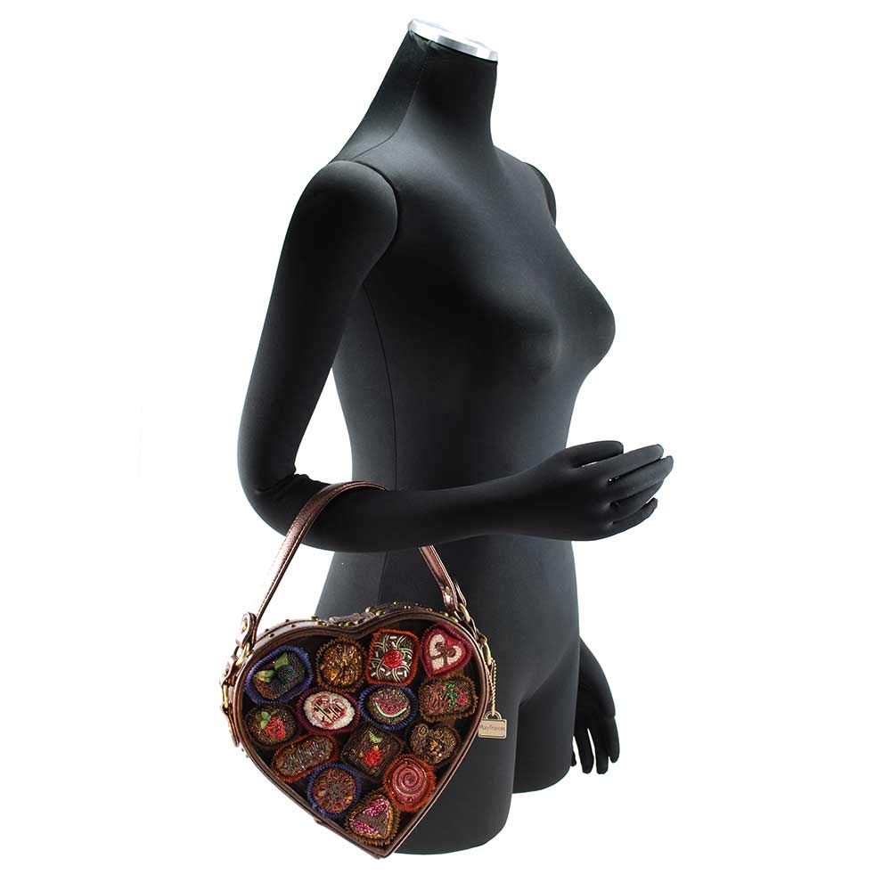 Mary Frances Temptations Embellished Heart Shaped Box of Chocolates Novelty Handbag, brown