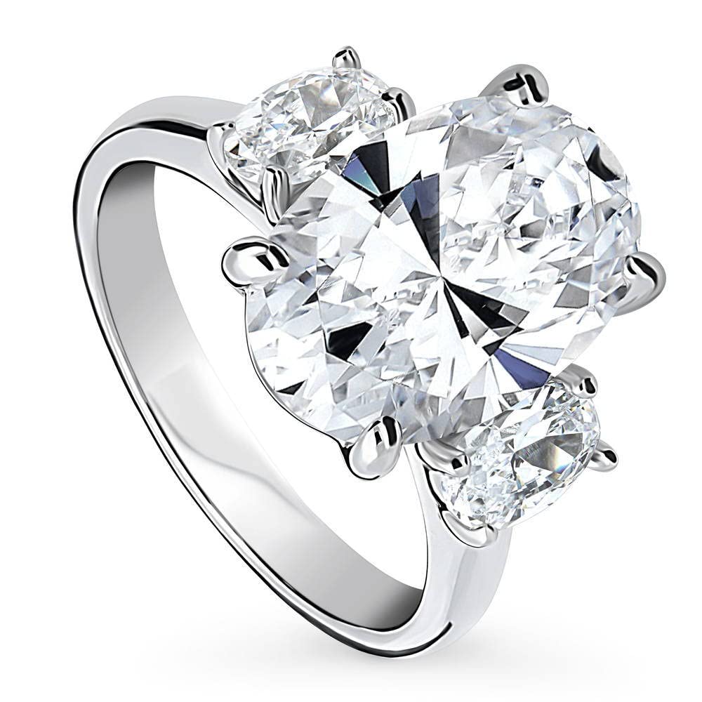 BERRICLE Sterling Silver 3-Stone Wedding Engagement Rings Oval Cut Cubic Zirconia CZ Statement Cocktail Anniversary Ring for Women, Rhodium Plated Size 7