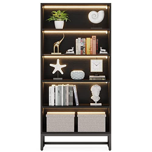 LED Bookcase, 70.8” Tall Bookshelf with Closed Back Shelf, 5-Tier Large Bookcases Organizer with Storage Shelves, Heavy Duty Freestanding Library Book Cases Shelving Unit for Living Room, Bedroom