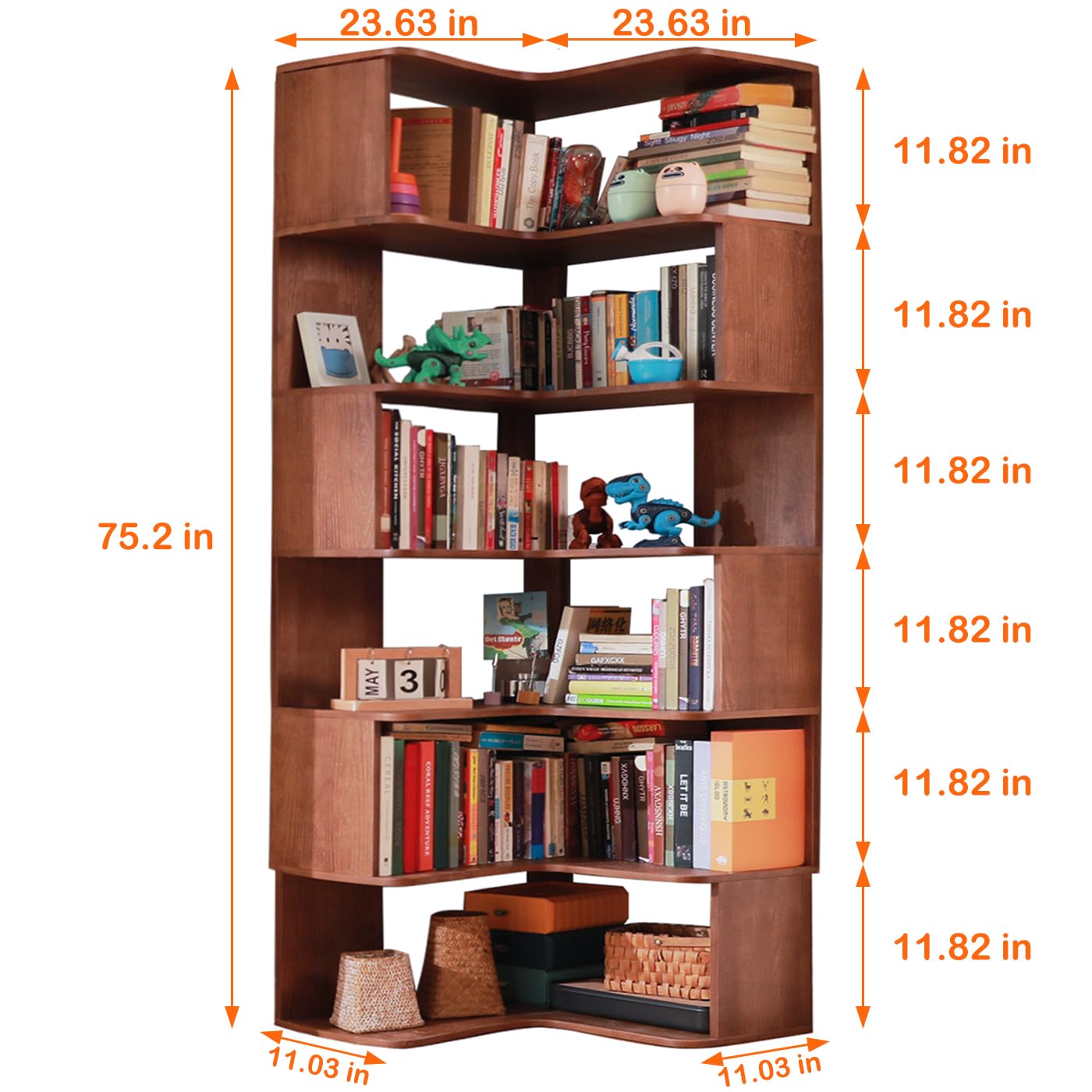 DDJ 6-Tier Solid Wood Corner Bookshelf, 75.2" Tall Corner Bookcase, Bookshelf Organizer, Freestanding Open Corner Display Shelf Storage Rack for Living Room, Bedroom, Home Office, Walnut