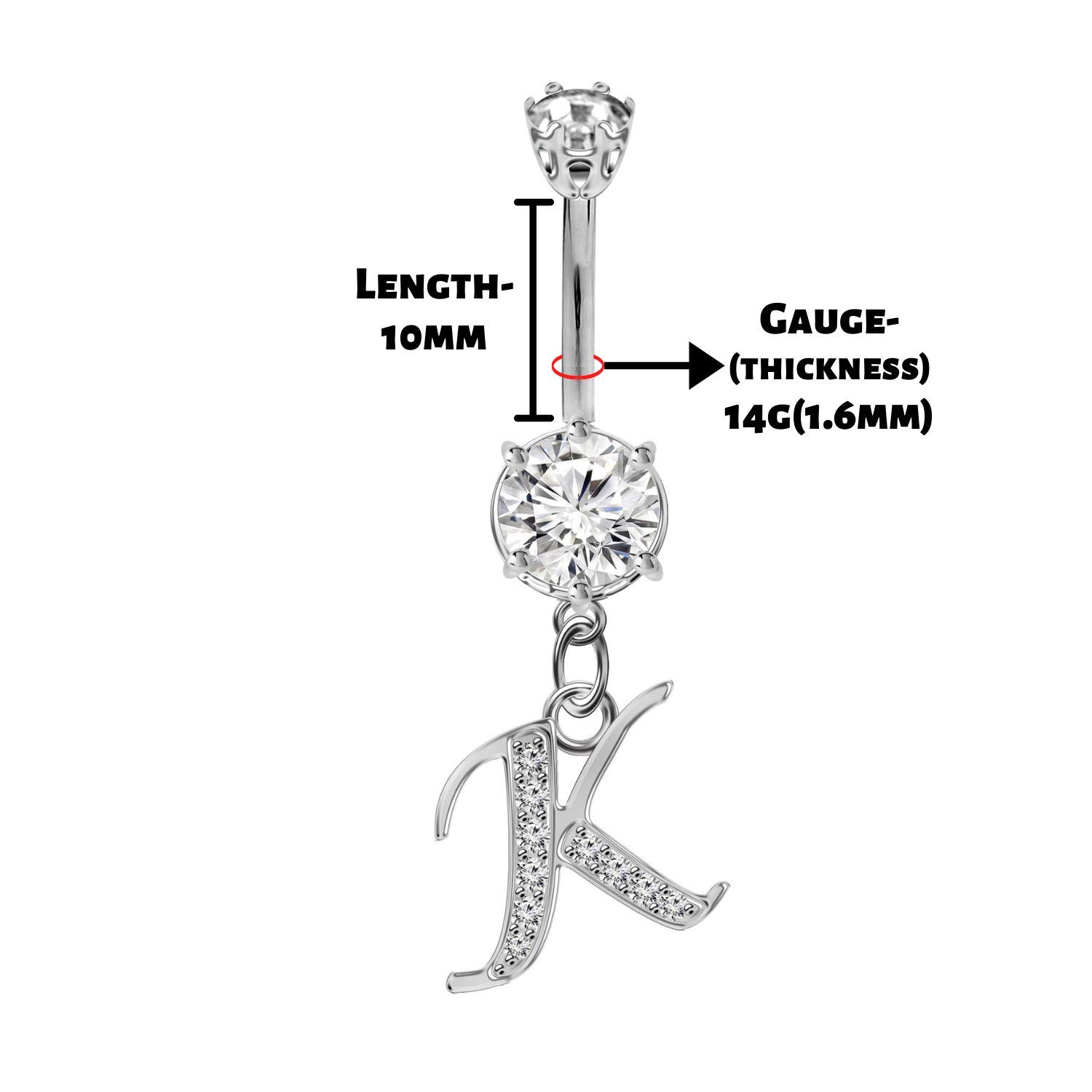 Bodytrend Initial Belly Button Rings- 316L Surgical Steel- 14G(1.6mm)- AAA+ CZ Crystals- Silver Letter A-Z Belly Button Rings - British Standard - Certified by Sheffield Assay Office