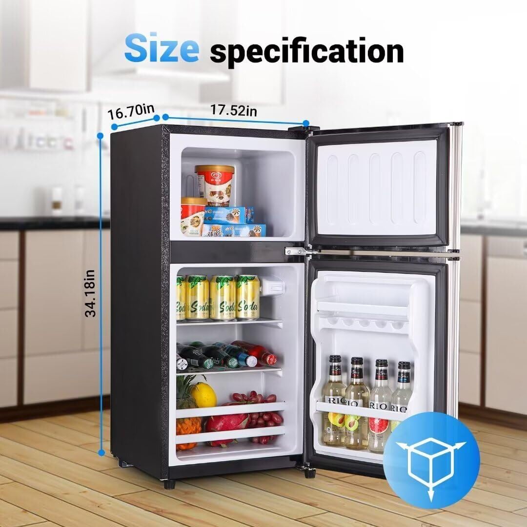 Geekman 3.5 Cu.Ft Mini Fridge with Freezer, Double Door Mini Fridger with 7 Level Adjustable Thermostat, Mini Refrigerator with interior LED light, Perfect for Dorm, Office, Bedroom&RV, Silver