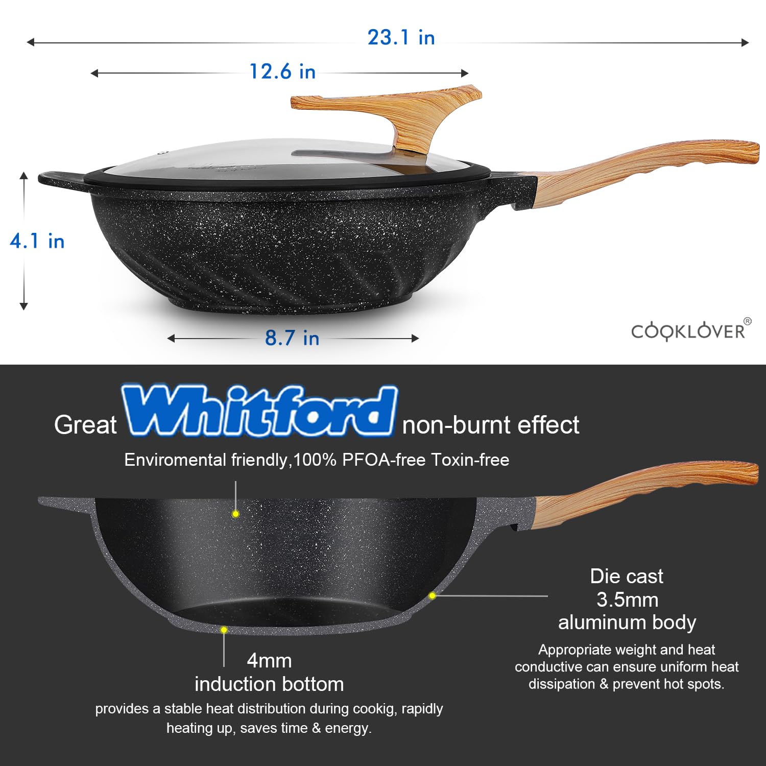 COOKLOVER Nonstick Woks And Stir Fry Pans Die-cast Aluminum Scratch Resistant 100% PFOA Free Induction Wok pan with Lid 12.6 Inch - Black