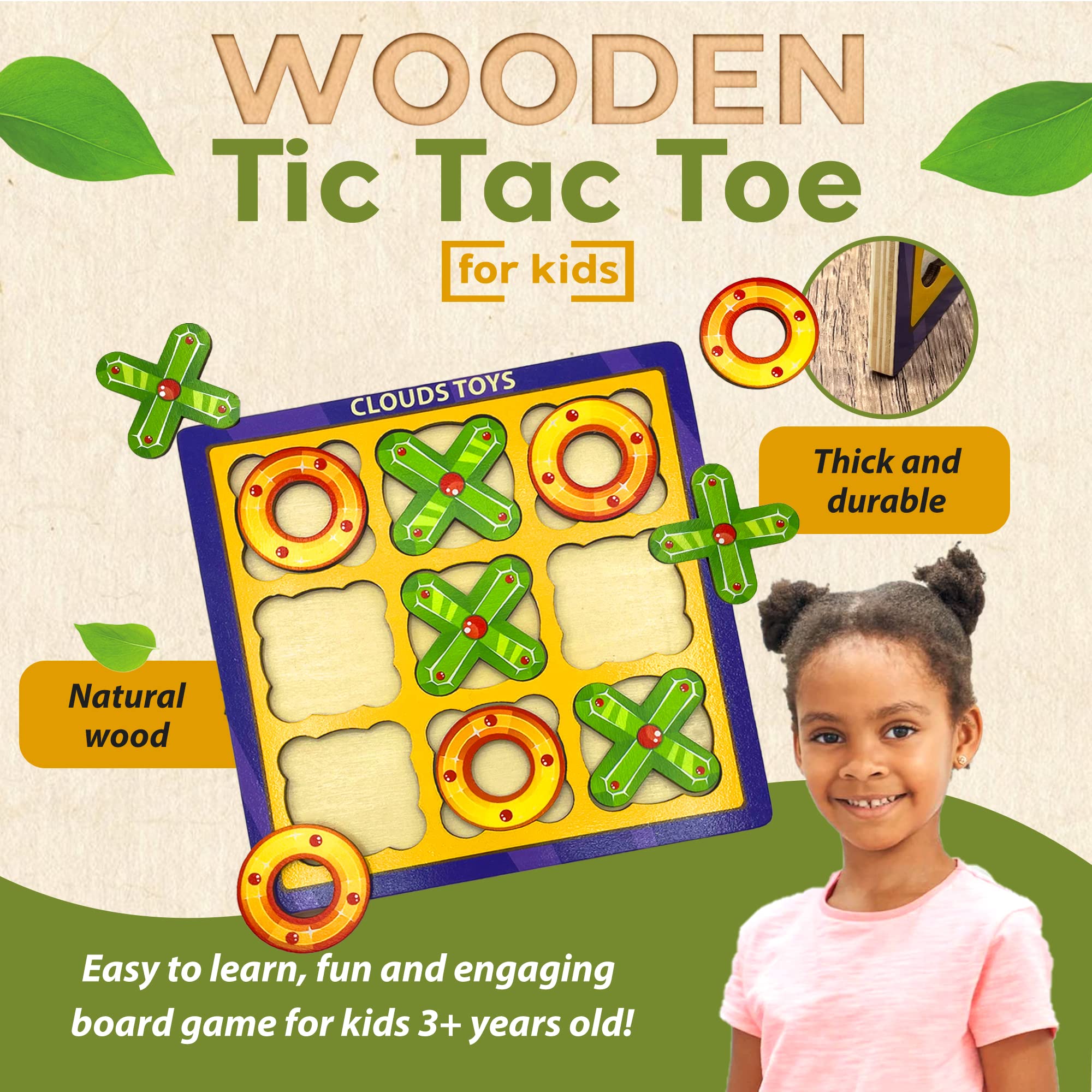 CLOUDS TOYS Tic Tac Toe Wooden Game Board Games for Kids 4 8 years old