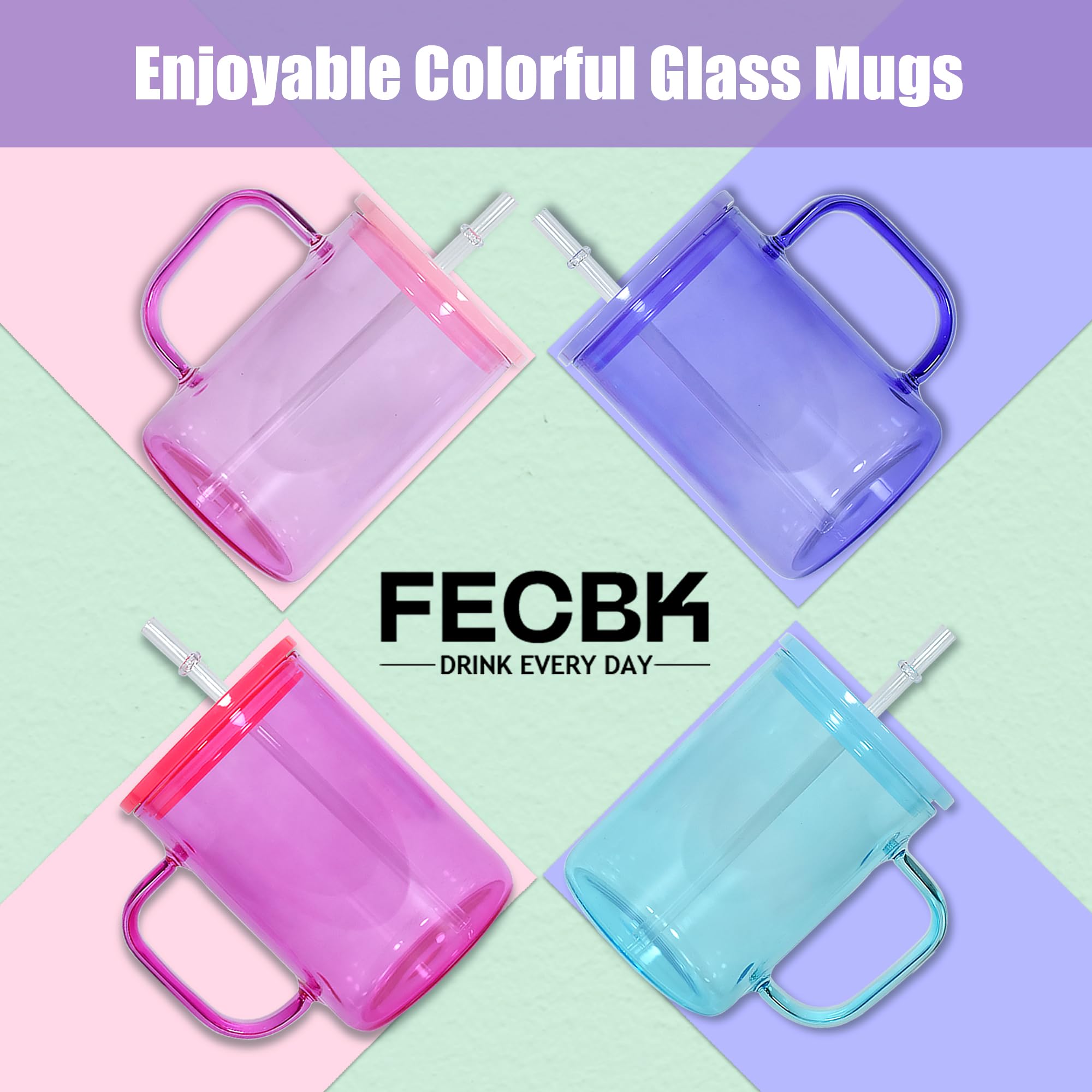 FECBK 15 oz Sublimation Glass Mugs Set, 8 Pack Colorful Tumblers with Handle, Lids & Straws, Reusable, for Beer, Juice, Iced Coffee