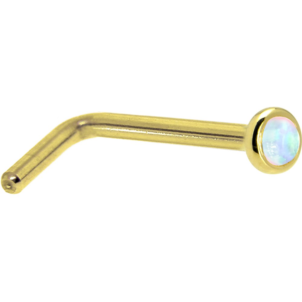 Body Candy Solid 14k Yellow Gold 2mm White Synthetic Opal L Shaped Nose Stud Ring 18 Gauge 1/4"