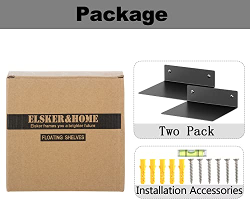 ELSKER&HOME Small Floating Shelf Set of 2 Pack Black, Metal Floating Book Shelves for Wall Mounted,Invisible Bookshelves Suitable for Kids Room, Office, Study Room