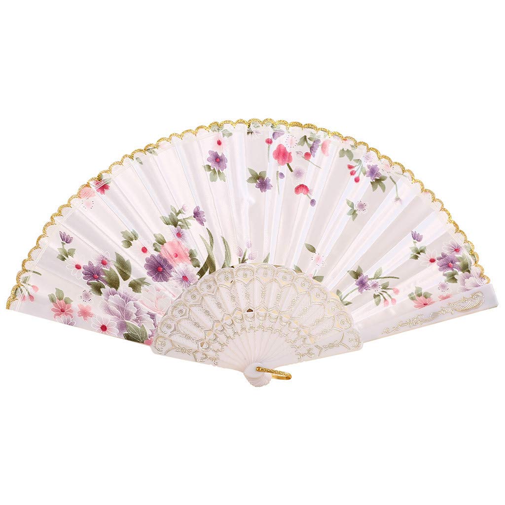 Chinese Folding Held Silk Party Flower Dance Wedding Fan Hand Lace Style Fans Mini Travel Fan for Sleeping (White, One Size)