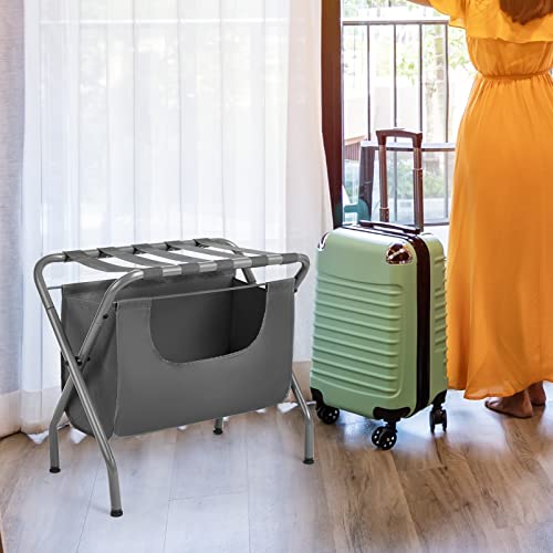 ELYKEN 2 Pack Luggage Rack with Laundry Bag, Guest Room Folding Space Saving Suitcase Holder, Max 110LBS Baggage Shelf with Heavy Duty Nylon Belts, Dirty Clothes Storage for Bedroom Hotel
