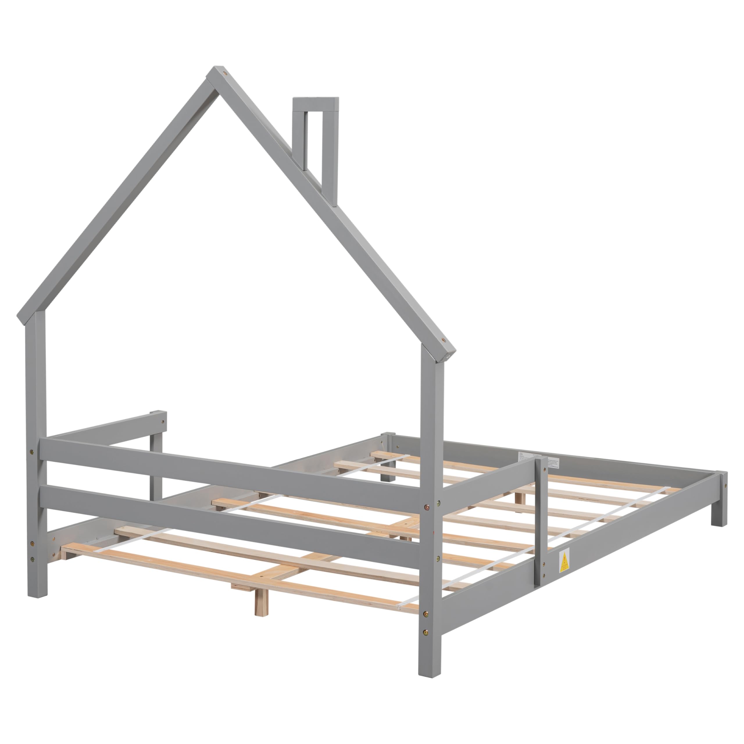 Floor Bed for Kids, Full Size Montessori Bed with House Shape Headboard, Wood House Bed with Slats for Boys Girls, Low Platform Bed, No Box Spring Needed, Gray
