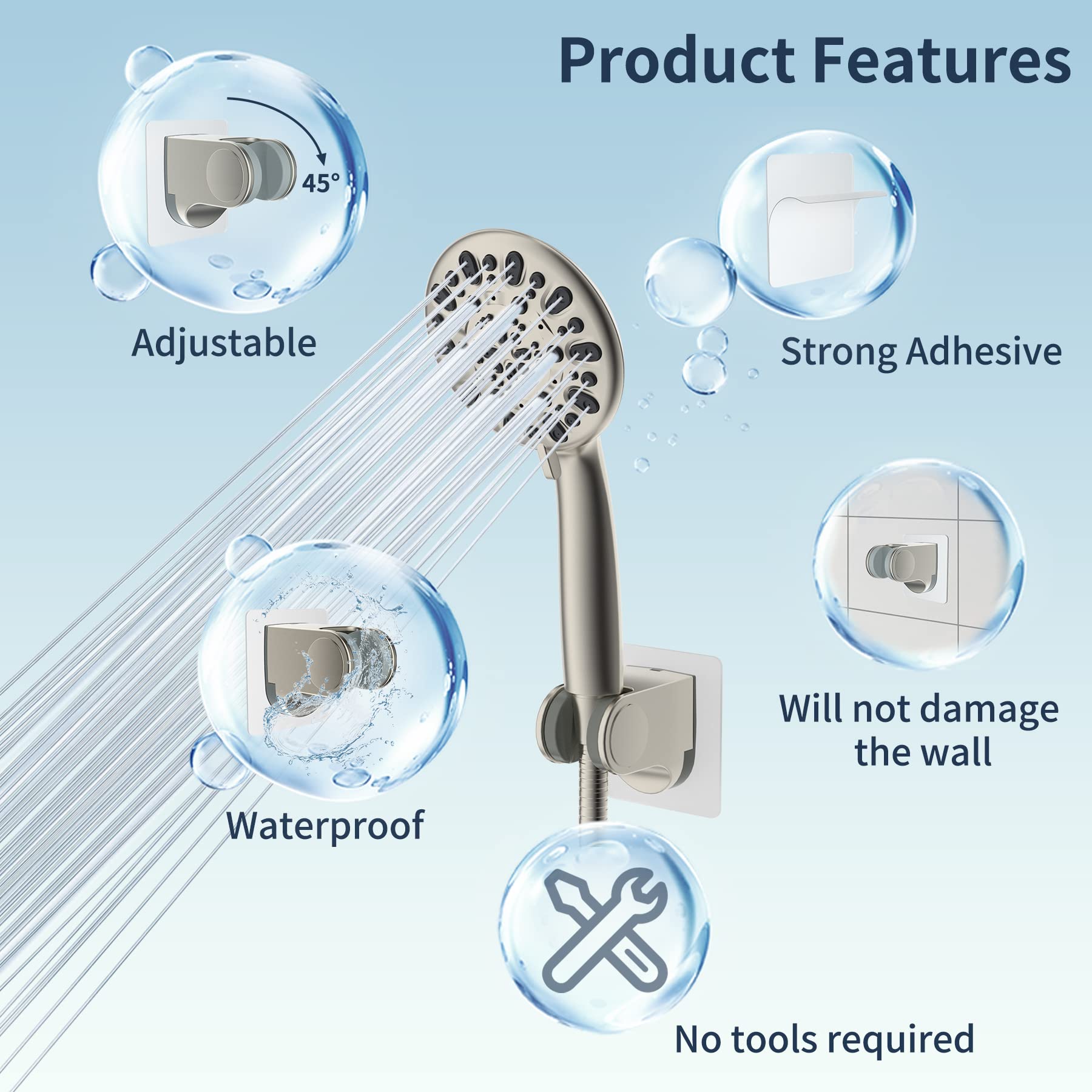 Hibbent Shower Head Holder, Strong Adhesive and Waterproof Handheld Shower Holder, Shower Head Bracket, Height Adjustable Shower Wand Holder, Wall Mount, No Drilling, Brushed Nickle