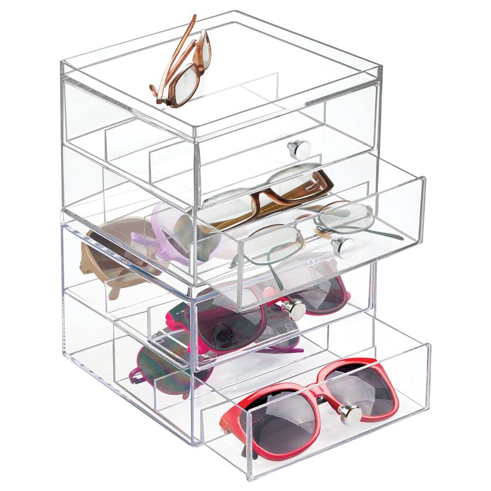 mDesign 2 pc. Set Stackable Eyeglass Organizer Holder for Sunglasses, Eyeglasses, Reading Glasses - 2 Divided Drawers, Clear