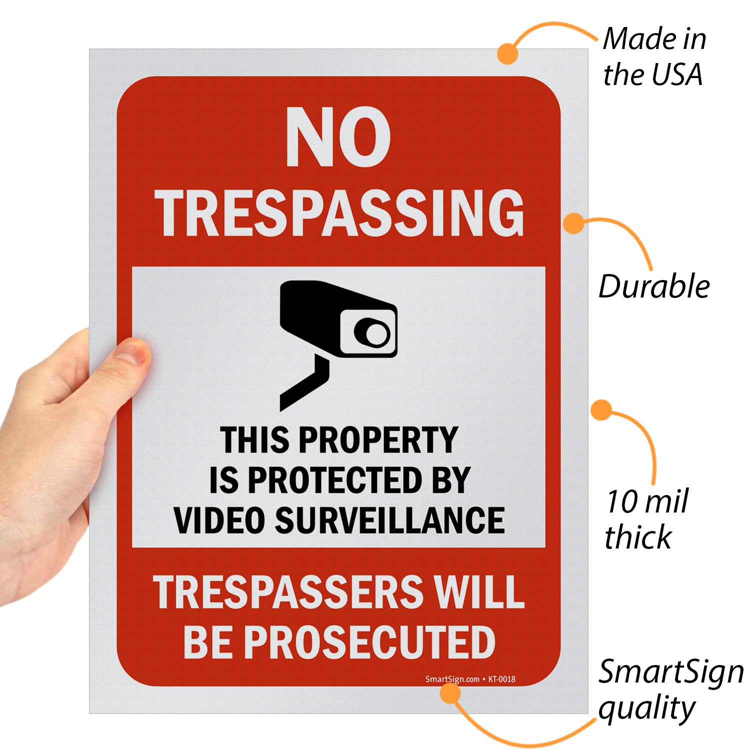 SmartSign (Pack of 5) 12 x 9 inch “No Trespassing - Property Protected By Video Surveillance” Sign, Screen Printed, 10 mil Polystyrene Plastic, Red/Black on White, Made in USA