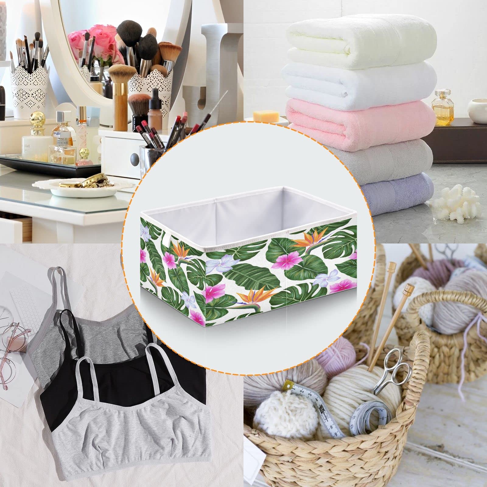 Burbuja Hawaiian Floral Palm Leaf Storage Cubes Fabric Storage Bins Foldable Closet Organizer Basket with Handle, 15.7x10.6x6.7 Inch