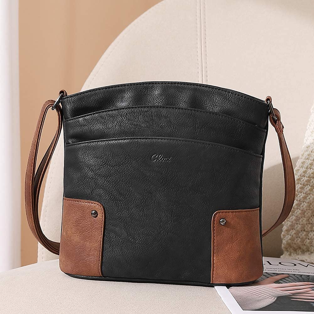 CLUCI Medium Crossbody Purses for Women, Multi Pockets Shoulder Bag, Vintage Messanger Bag, Vegan Leather Travel Two-tone Brown Coarse Grain