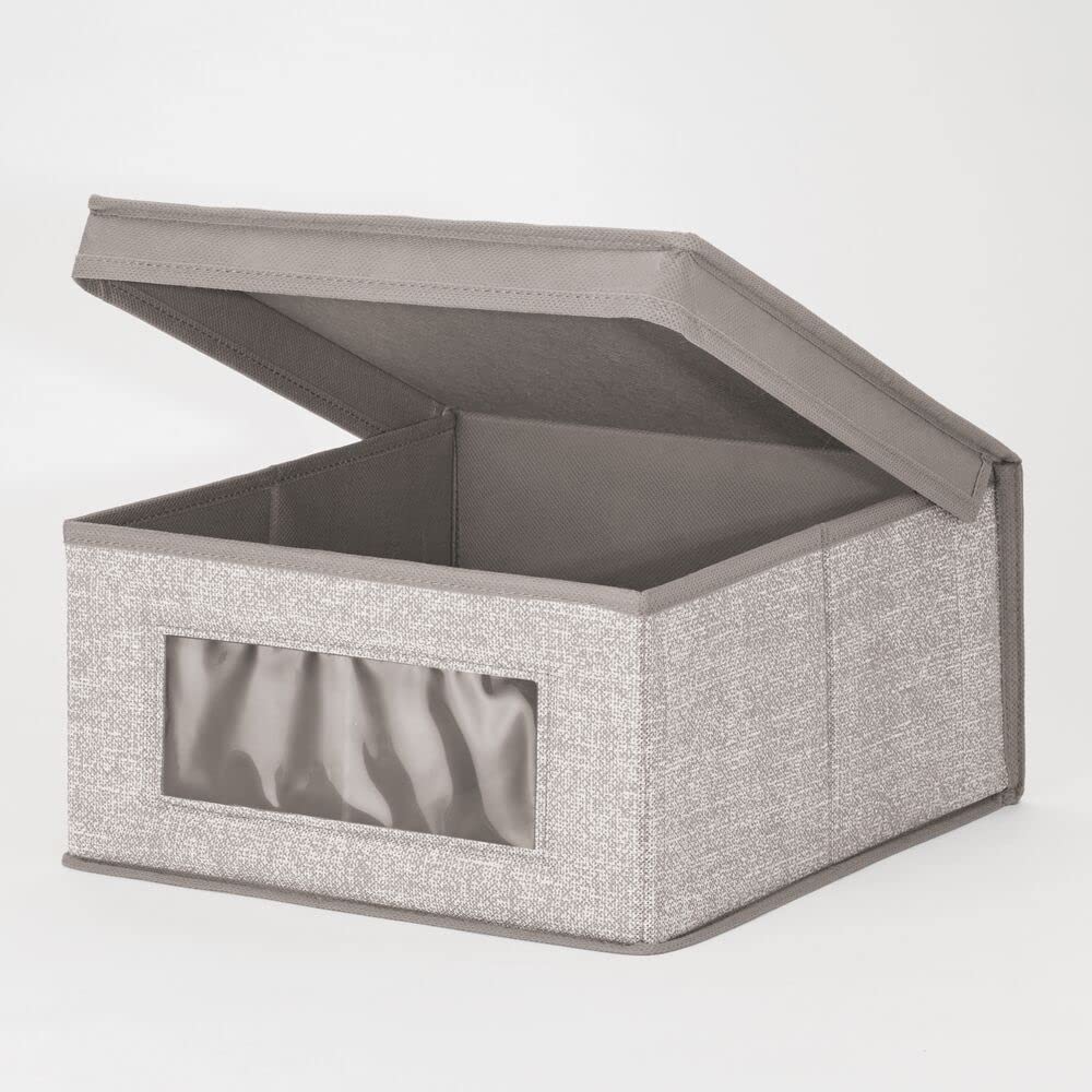 mDesign Medium Fabric Stackable Closet Storage Organizer Box with Front Window/Lid for Bedroom, Office, Mudroom Organization, Hold Clothes, Blankets, Linens, Lido Collection, 2 Pack, Linen/Tan