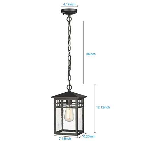 Diyel Outdoor Pendant Light Lanterns for Front Porch, Black Exterior Hanging Light Fixtures with Seeded Glass Shade for Patio, Entryway, Garage, Gazebo, RZ009-H BK