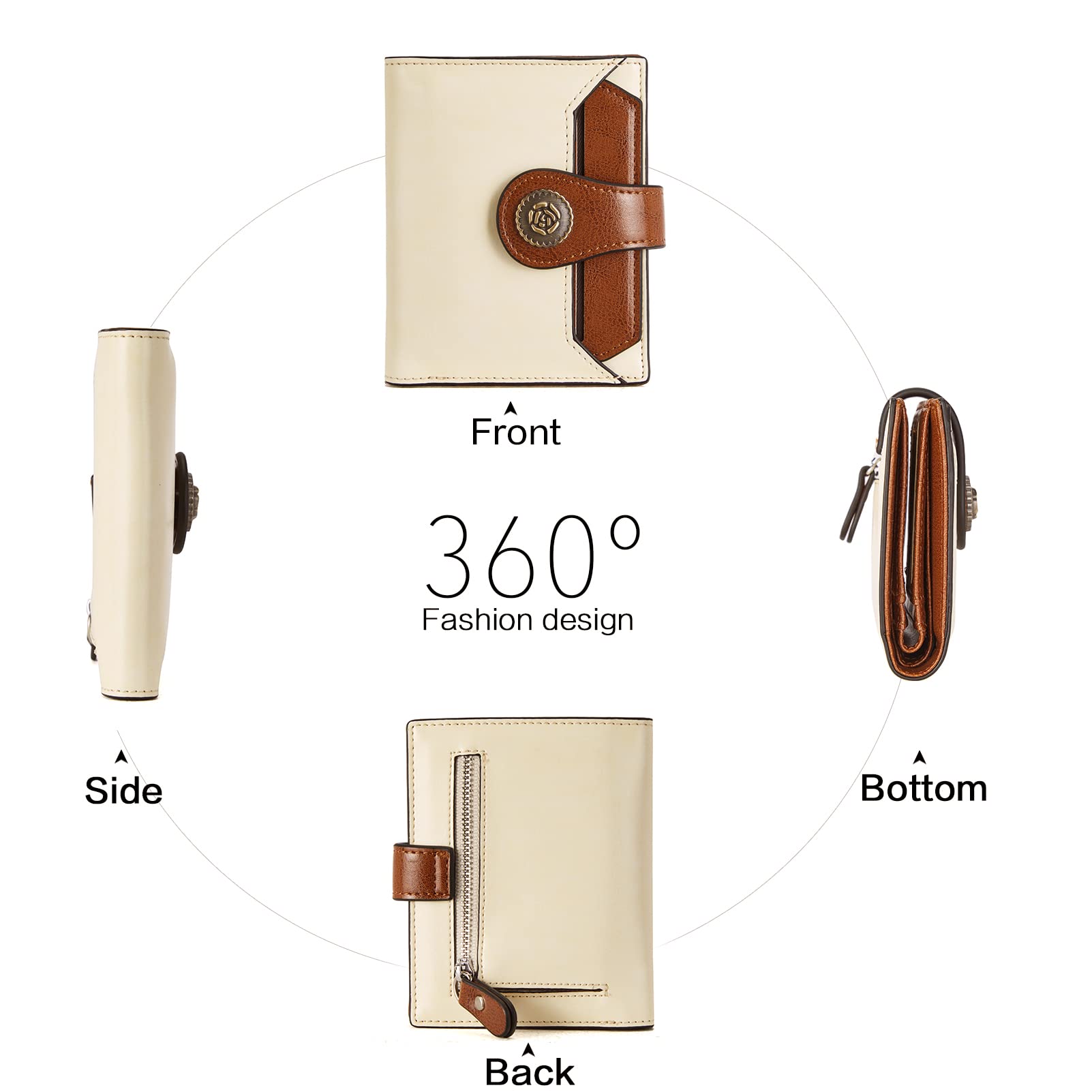BROMEN Small Wallets for Women RFID Blocking Leather Bifold Purse Zipper Coin Pocket Credit Card Holder with ID Windows Beige Brown