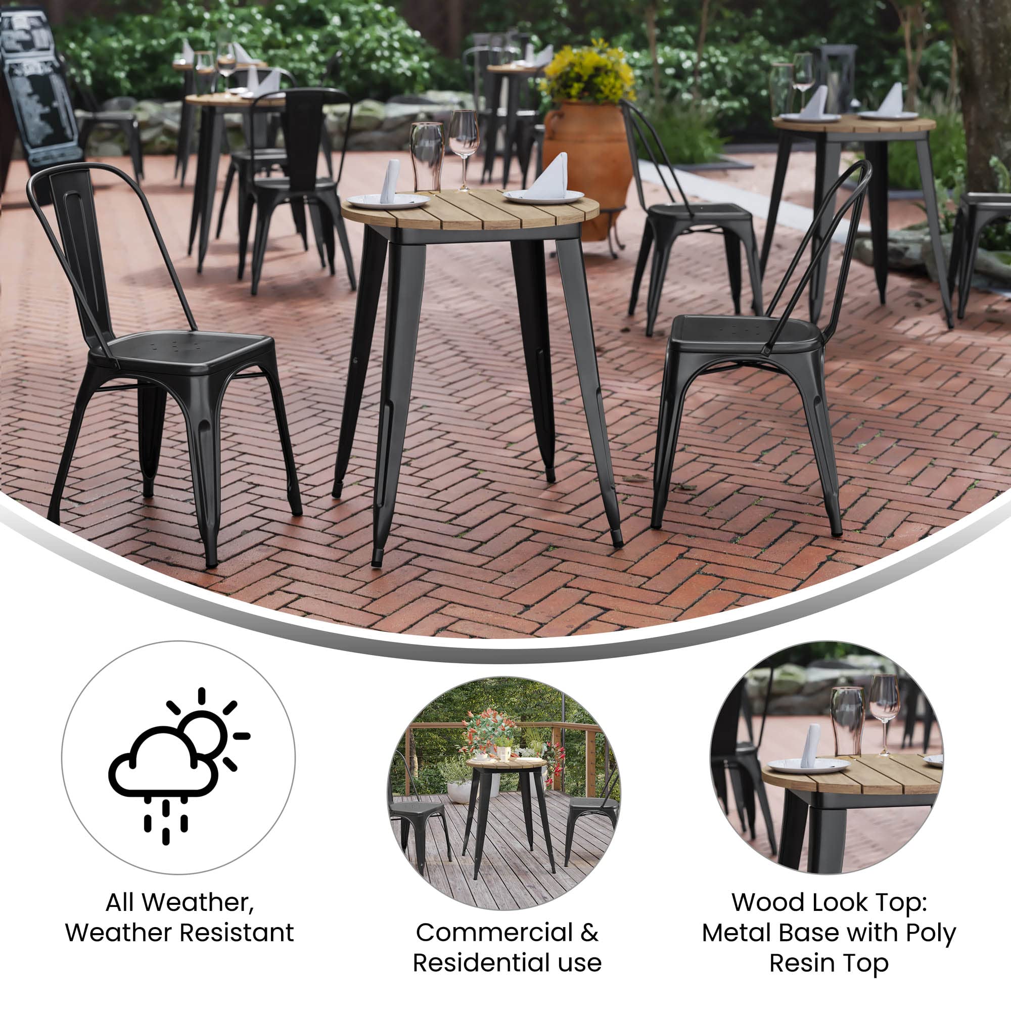 Flash Furniture Declan Commercial Outdoor Bar Height Dining Table, All Weather Poly Resin Top with Steel Base, 23.75" Round, Brown/Black