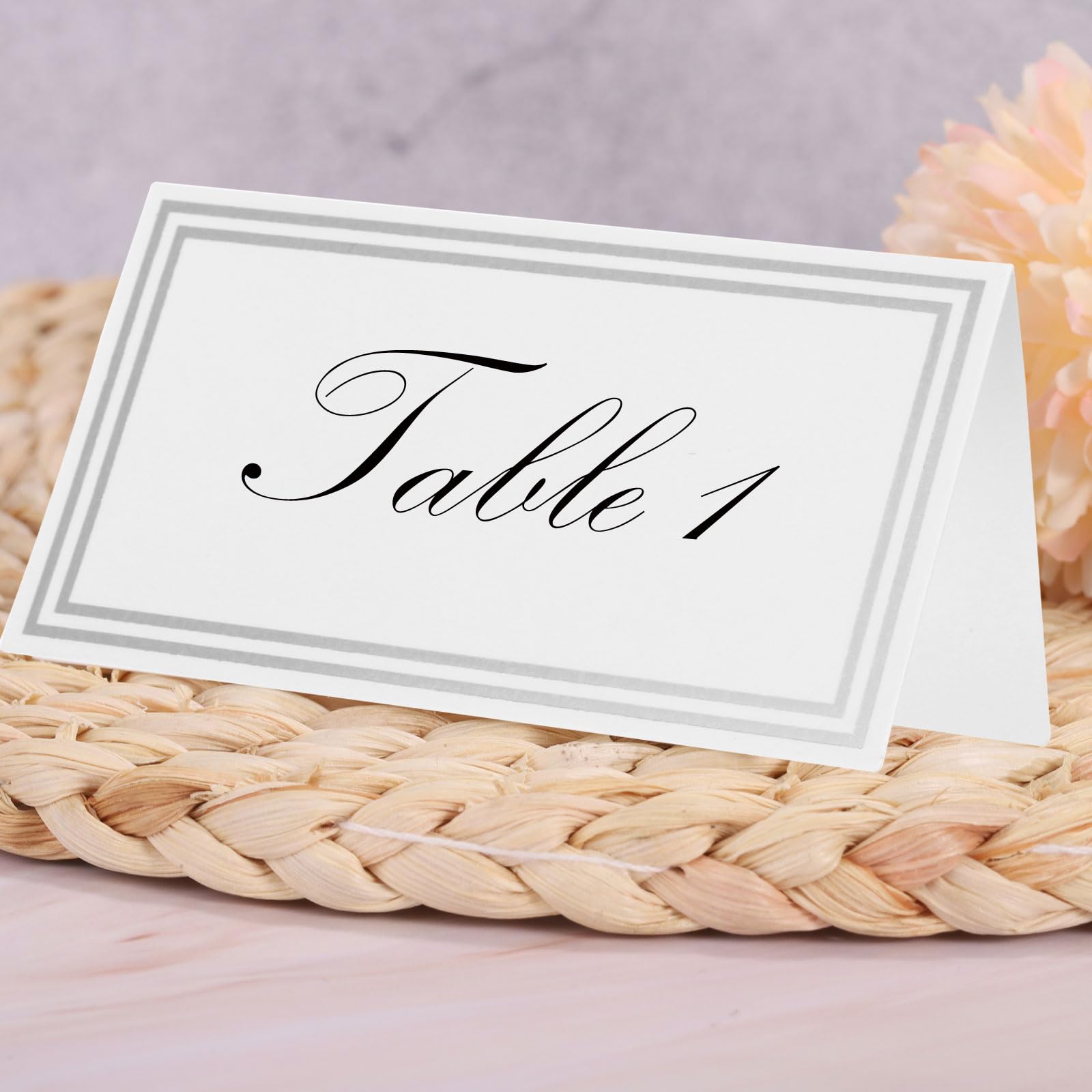 MECCANIXITY 40pcs Place Cards, Line Border Printable Place Name Cards for Table Setting Wedding Dinner Parties Events Reserved Seating, White Silver Double Line