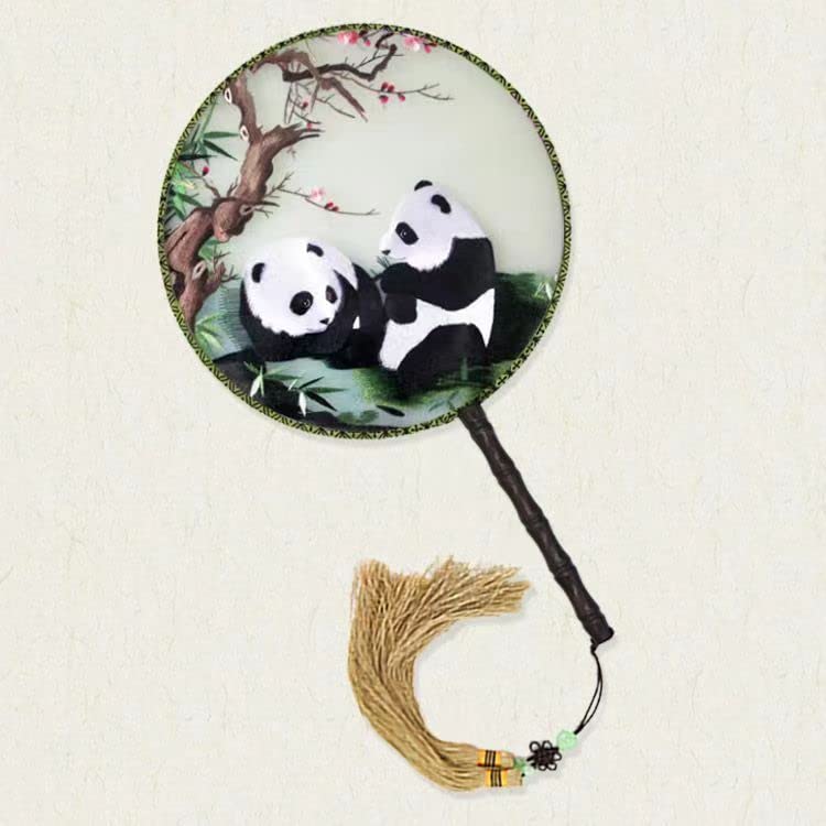 Chinese Shu Embroidery Fan, Handmade 100% Mulberry Silk, Round Fan Double Sided Embroidery Animals Panda (White)
