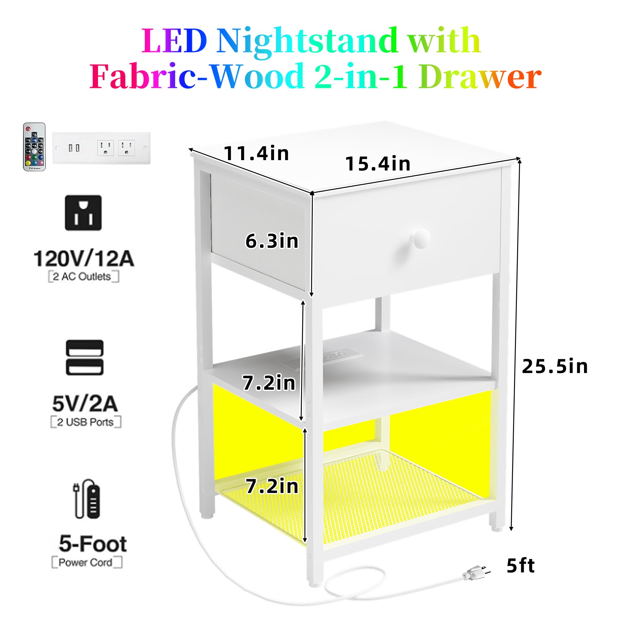 LTTDOUK LED Nightstands Set of 2 with Charging Station, Bedside Tables with USB Ports and Outlets, End Table with Fabric-Wood 2-in-1 Drawer, White Side Table for Bedroom, Living Room