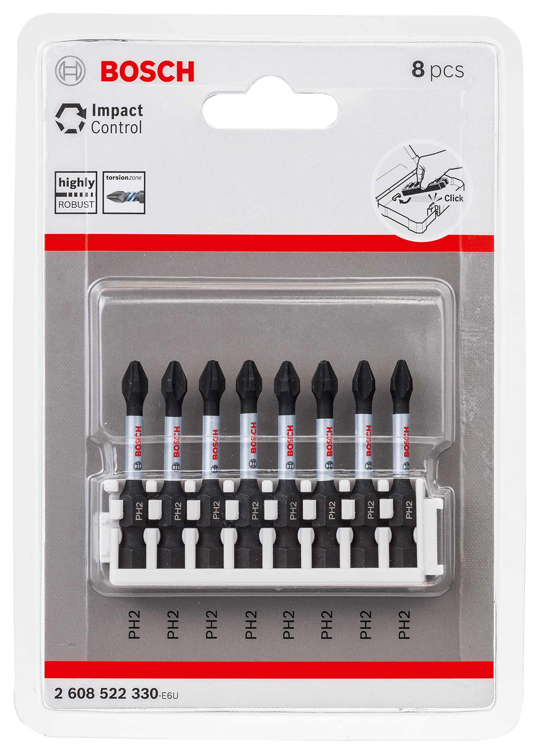 Bosch Professional 8pcs. Screwdriver Bit Set Phillips (Impact Control, PH2 Bits, Length 50 mm, Pick and Click, Accessory Impact Drill)
