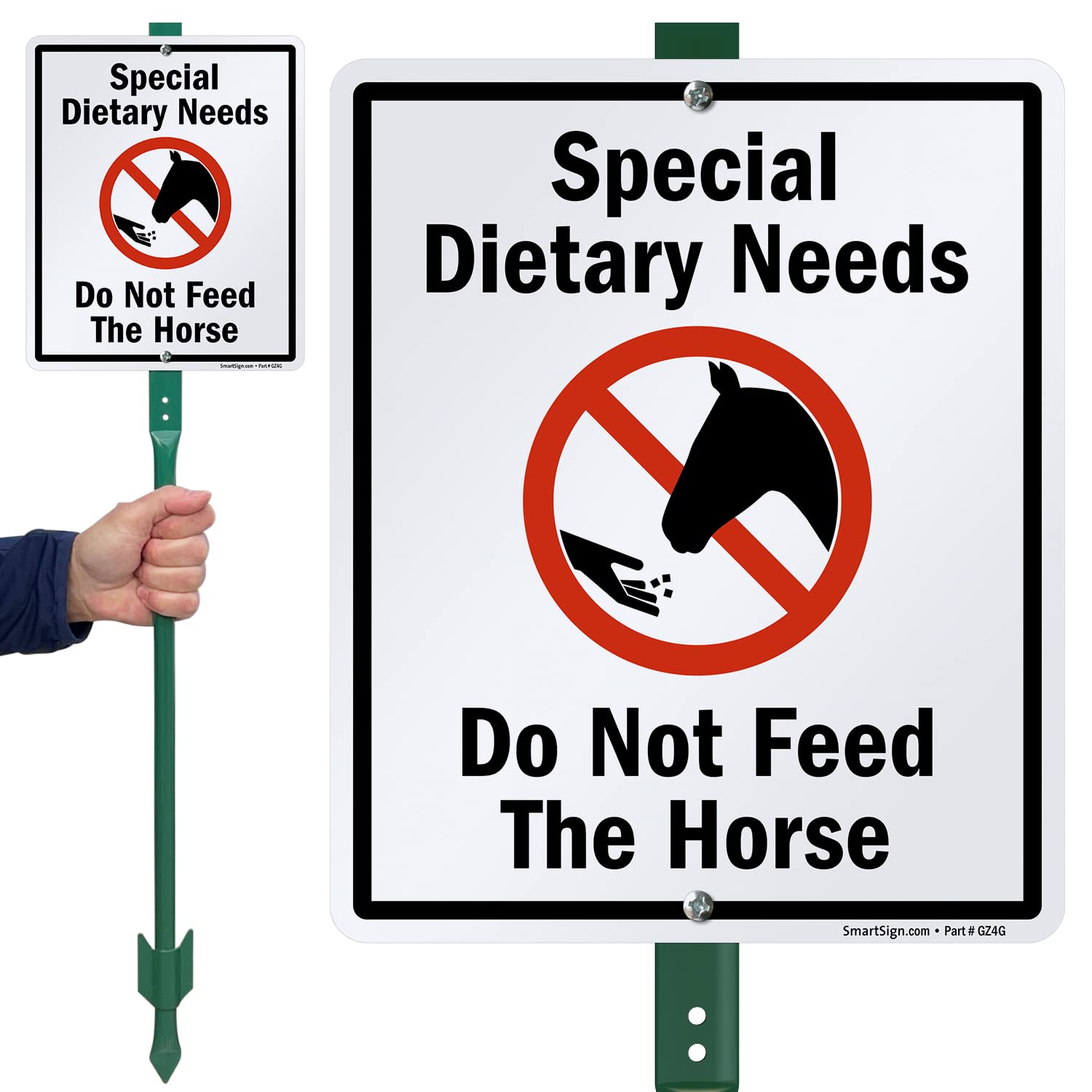 SmartSign 12 x 10 inch “Special Dietary Needs - Do Not Feed The Horse” LawnBoss Yard Sign with 3 foot Stake, 40 mil Laminated Rustproof Aluminum, Red, Black and White, Set of 1, Made in USA