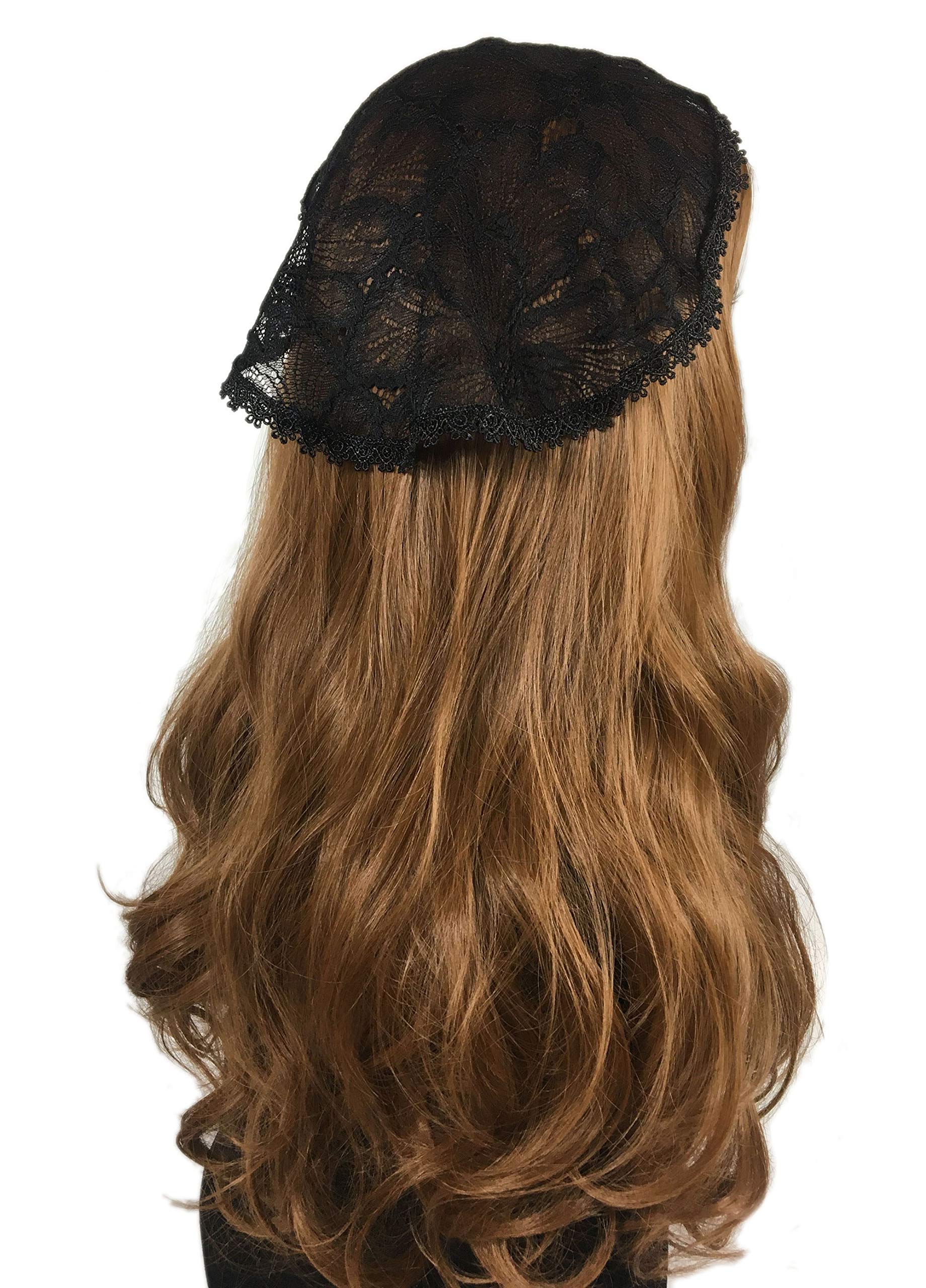 PAMOR Chapel Cap Veil Floral Lace Mantilla Inspired Circle Round Head Covering (Black)