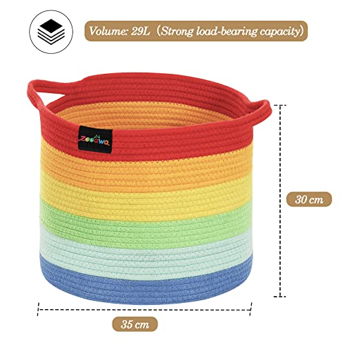 Zooawa Rainbow Storage Cotton Rope Baskets for Baby Room|Rainbow Baskets for Classroom | Baby Laundry Basket for Nursery Storage|Toy Baskets Organizer for Baby Rainbow Nursery Decor,14" x 12"