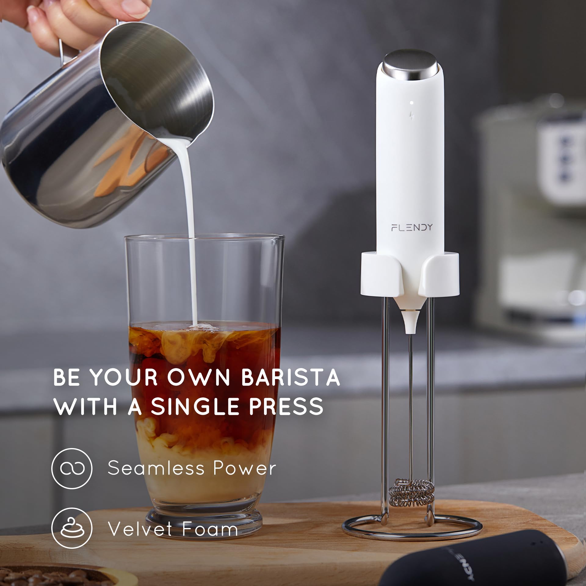 Flendy Rechargeable Milk Frother Handheld, Coffee Frother Handheld with USB-C Charging Stand, Electric Drink Mixer Handheld, Mini Electric Whisk Frother for Coffee, Matcha, etc