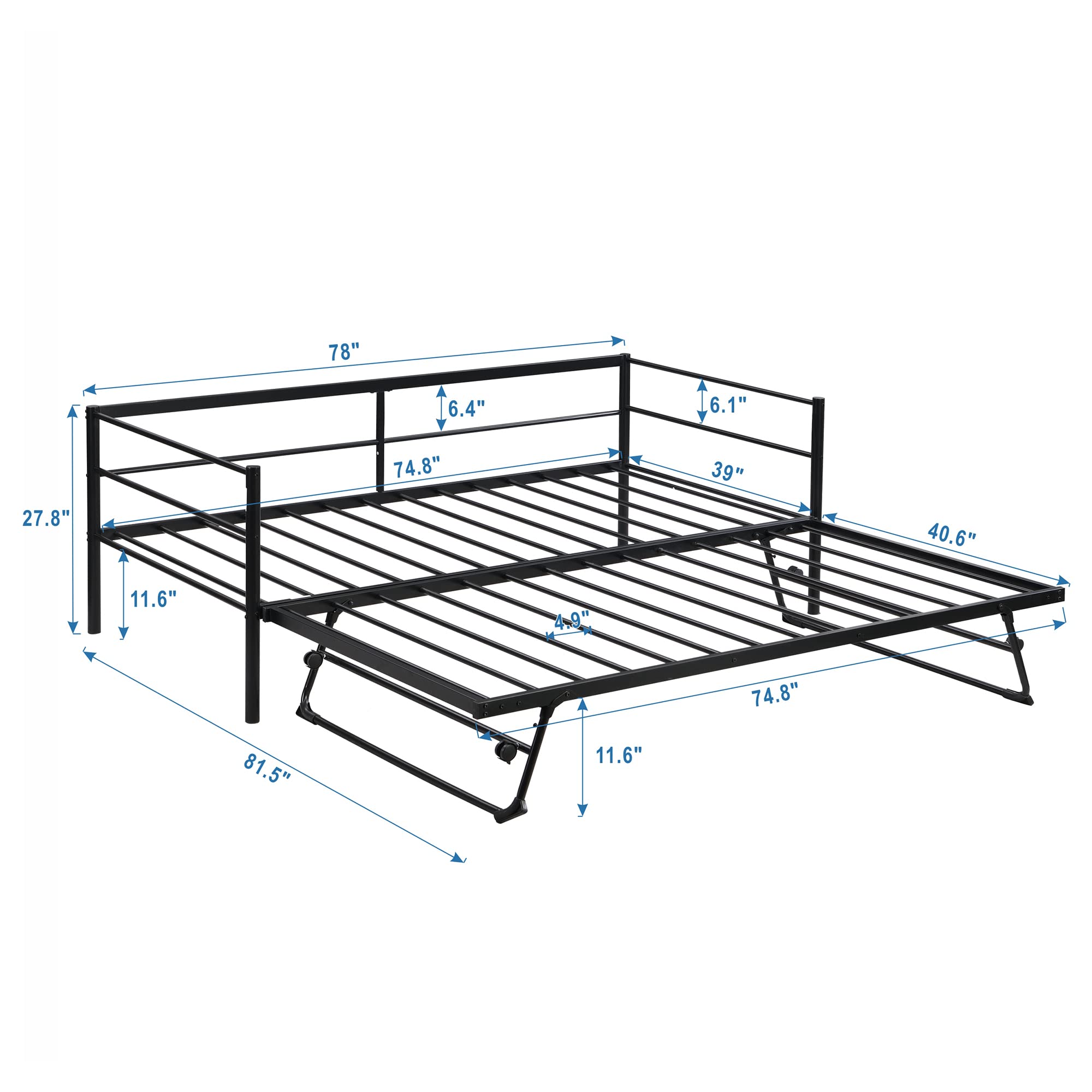 Bellemave Twin Size Metal Daybed with Adjustable Trundle, Heavy-Duty Steel Daybed with Pop Up Trundle, Black