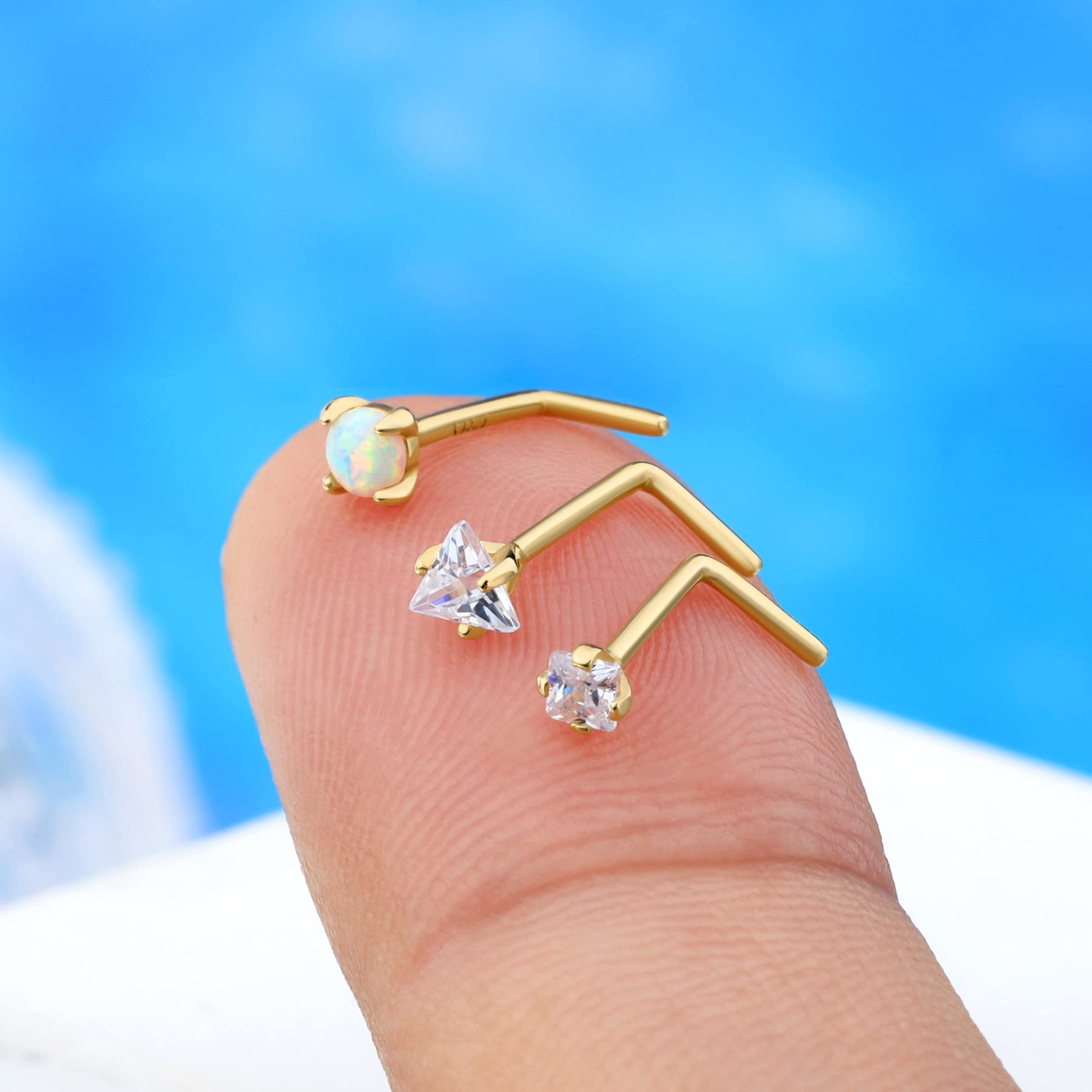 CM Crareesi Mania 14K Gold Nose Ring Solid Yellow Gold Opal Nose Piercing Jewelry 20G L-Shaped Nose Ring Studs Clear CZ Nose Rings Studs