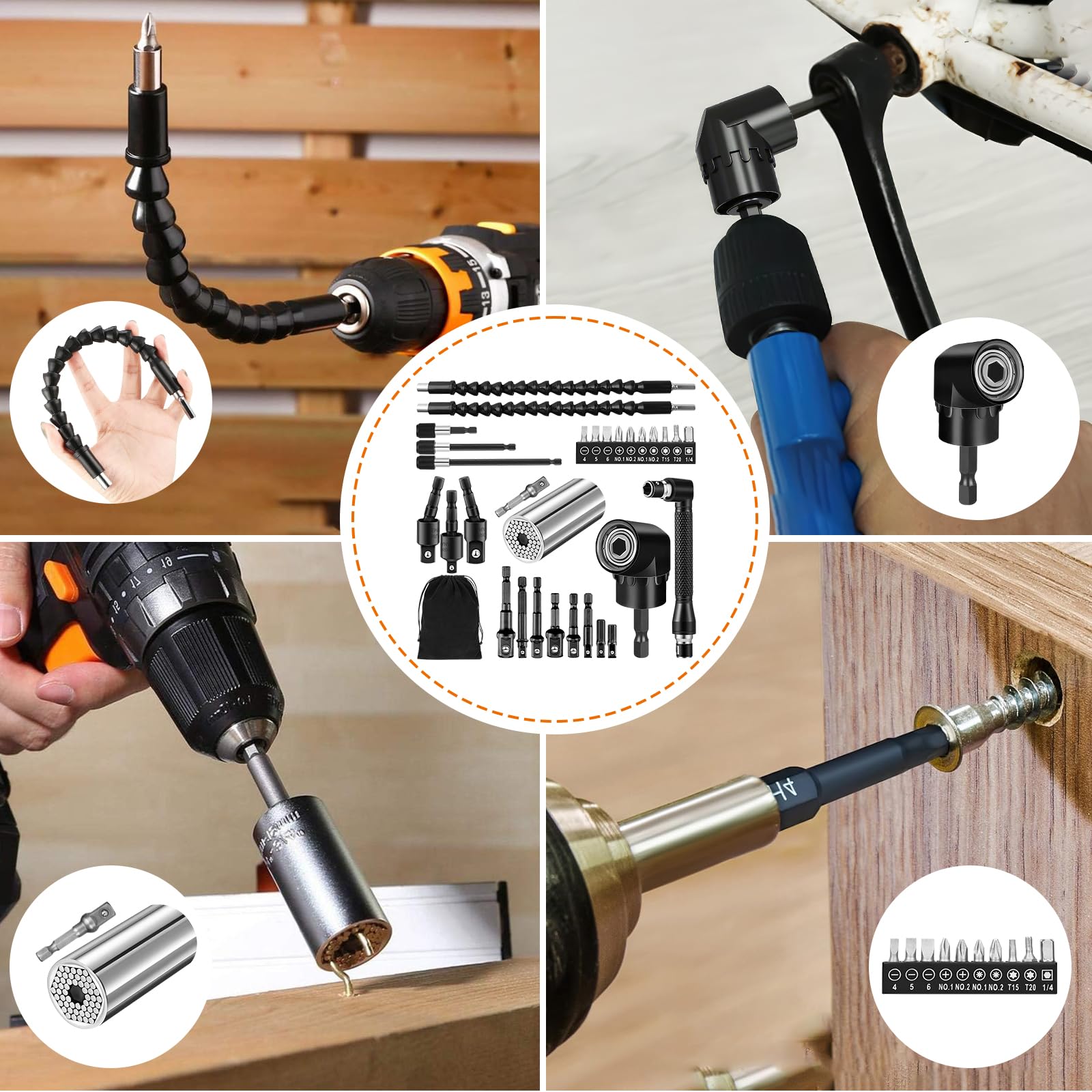 Flexible Drill Bit Extension Set,105° Right Angle Drill Attachment,1/4 3/8 1/2" Hex Shank Impact Driver Socket Adapter Rotatable Socket,Bendable Drill Bit Extension and Screwdriver Bit Kit
