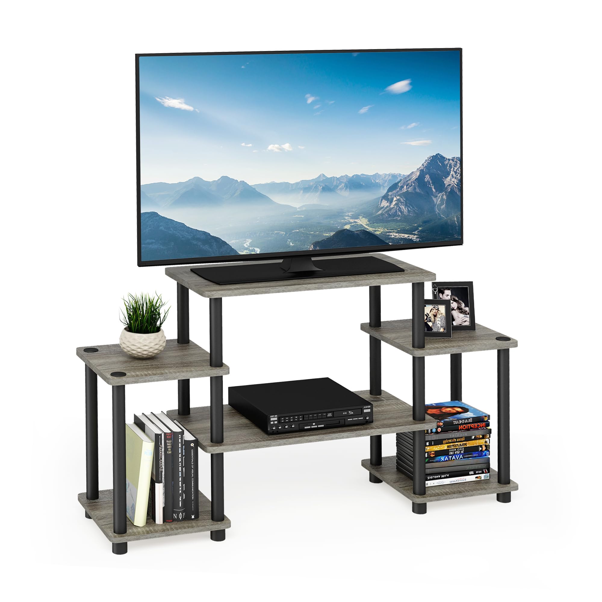 Furinno Turn-N-Tube No Tools Entertainment Center, Round Square Corner, French Oak Grey/Black