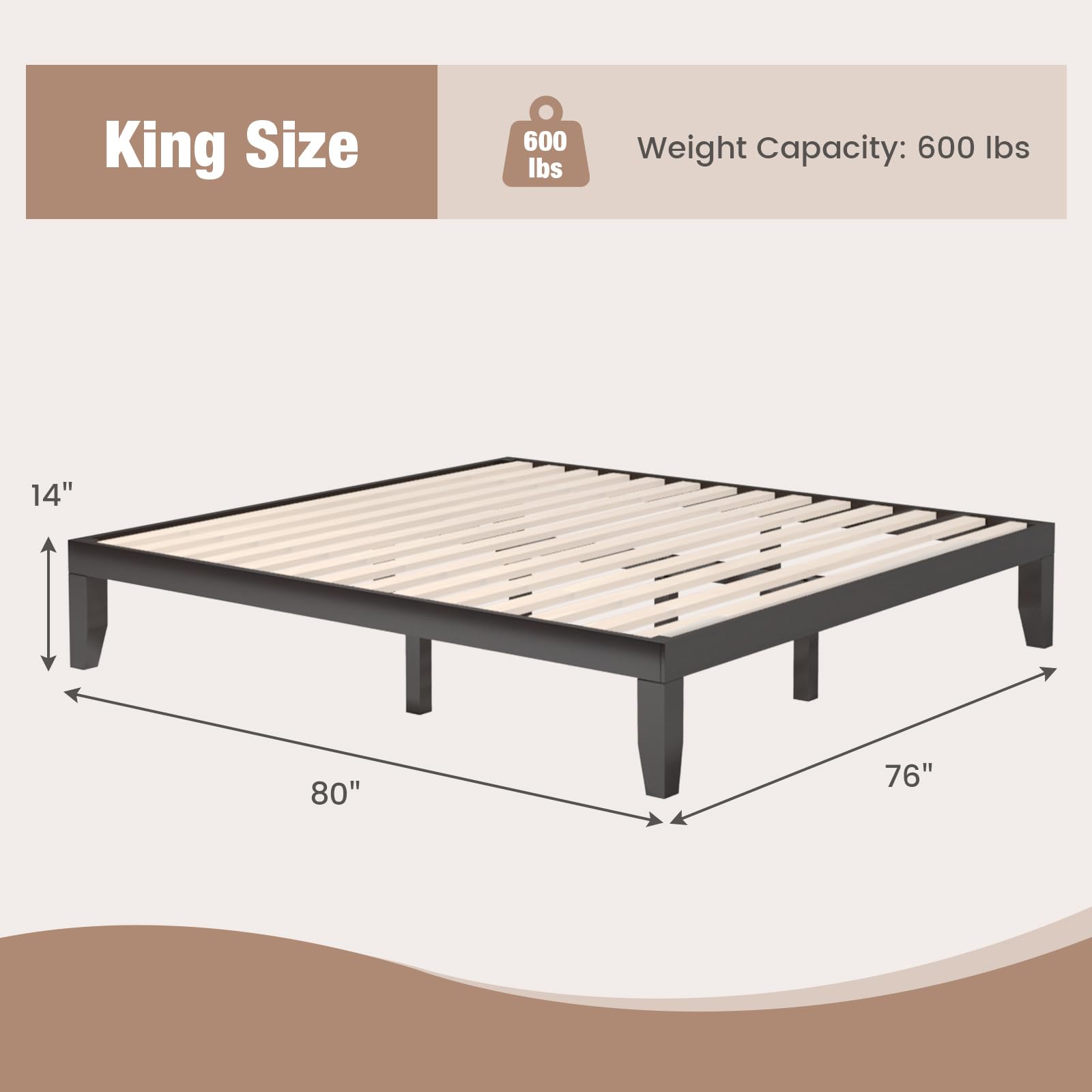 Giantex King Wood Platform Bed Frame, 14 Inch Solid Rubber Wood Mattress Foundation, Heavy Duty Wood Slats Support, No Box Spring Needed, Easy Assembly, Espresso