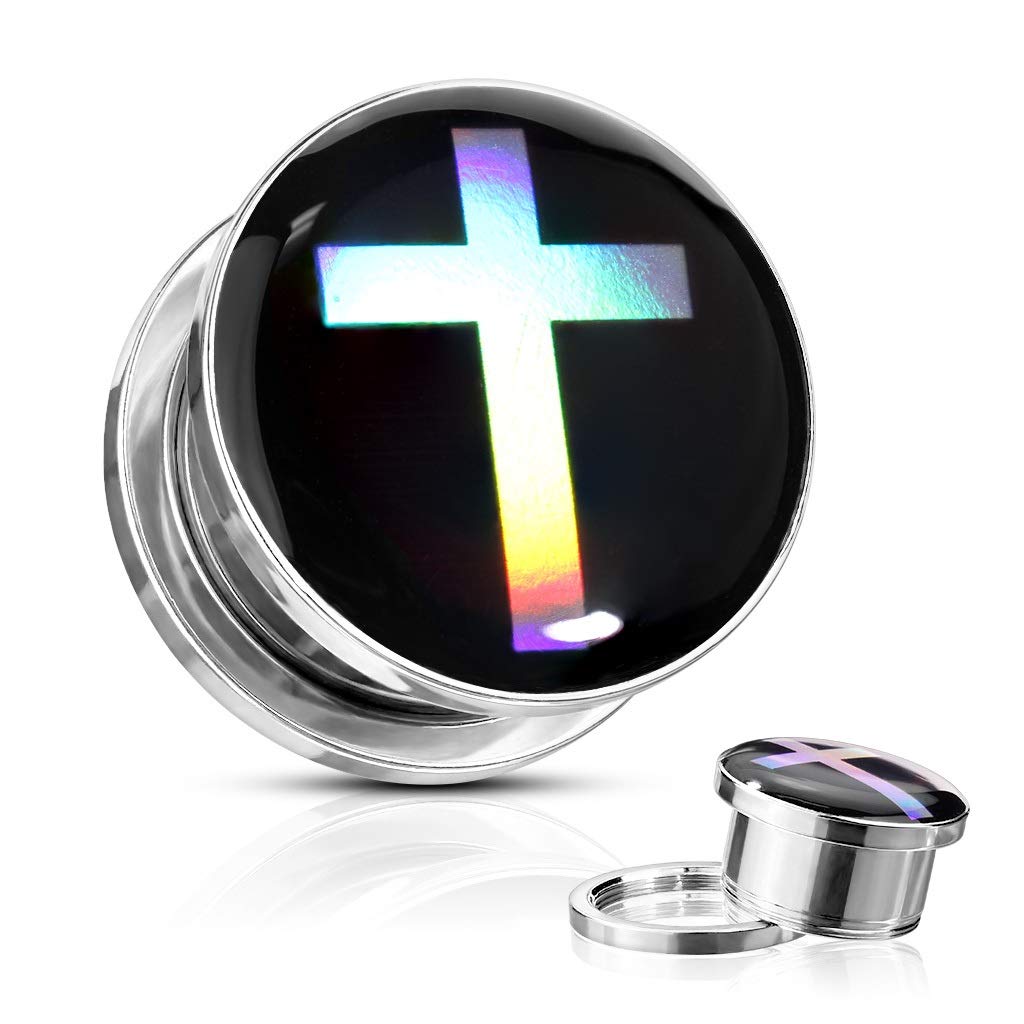 BODY DAZZ Pair 2G-16mm Cross Hologram Surgical Steel Tunnels Plugs (2 Gauge (6mm))