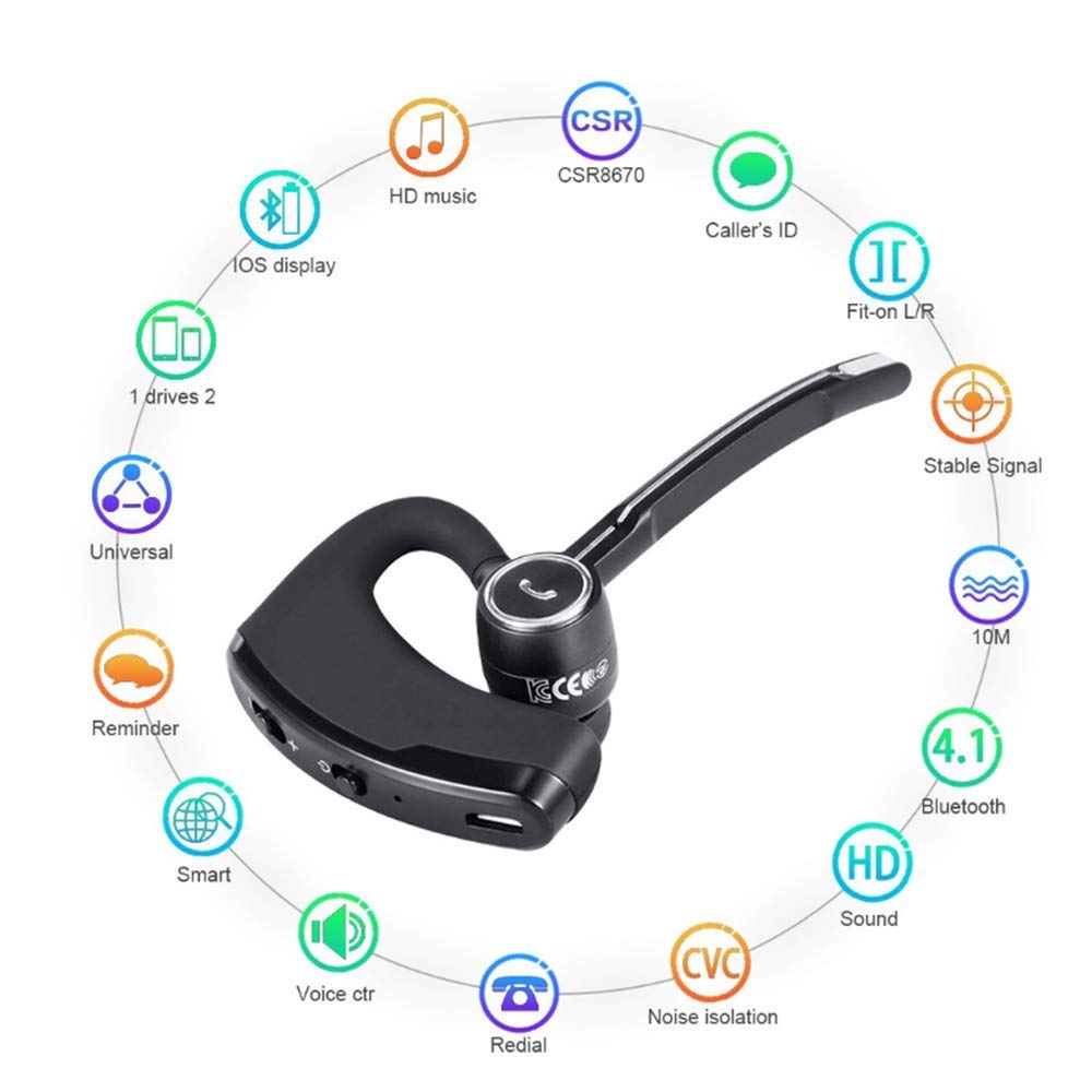 Bluetooth Headset Bluetooth Earpiece Business Headphones Ear Hooks HD Stereo Noise Cancelling in-Ear Earbuds with Mic and Voice Control for Business/Office/Driving Call