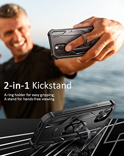 Dexnor Rugged Full Body Case for iPhone 12/12 Pro (6.1 inches) with Screen Protector & Ring Kickstand Car Mount, Slim Shockproof Protective Bumper Cover with Anti Dust Plugs (Black)