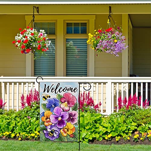 Covido Welcome Spring Summer Pansy Flower Decorative Garden Flag, Floral Yard Outside Decorations, Summer Farmhouse Outdoor Small Home Decor Double Sided 12 x 18