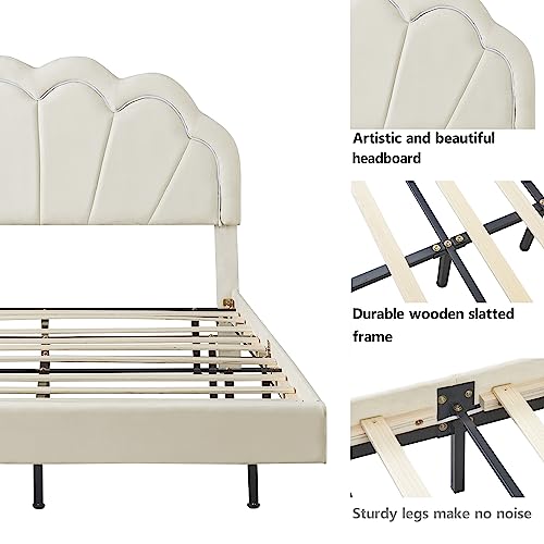 Floating Bed Frame Queen Size with LED Lights, Queen LED Bed Frame with Elegant Flowers Headboard, Smart Velvet Upholstered Platform Bed with Wooden Slats Support, Queen Size, Beige