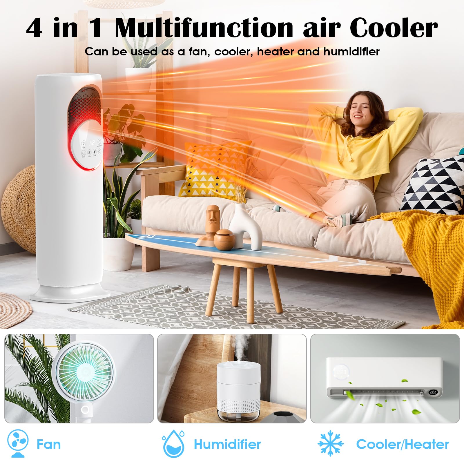 Cobuy Tower Fan and Heater Combo with Humidification, 4 in 1 Space Heaters for Indoor Use, 120°Oscillating, 1800W, 2 Speed Heating, 3 Speed Cooling, Remote Control, 9H Timer for Bedroom Room Office