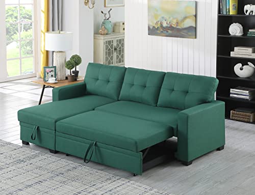 FAVSH Linen Upholstered Sectional Sofa,L-Shape Convertible Sleeper SectionalSofa with Storage Chaise and Pull-Out Bed for Living Room,Apartment,Office,Green