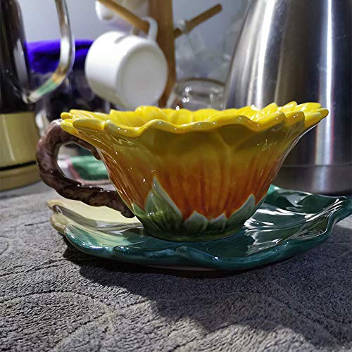 Ceramic Tea Cup with Saucer Matching Spoon Set,Sunflower Enamel Porcelain Mugs Ceramic Coffee Cup Home Decor Porcelain Butterfly Spoon