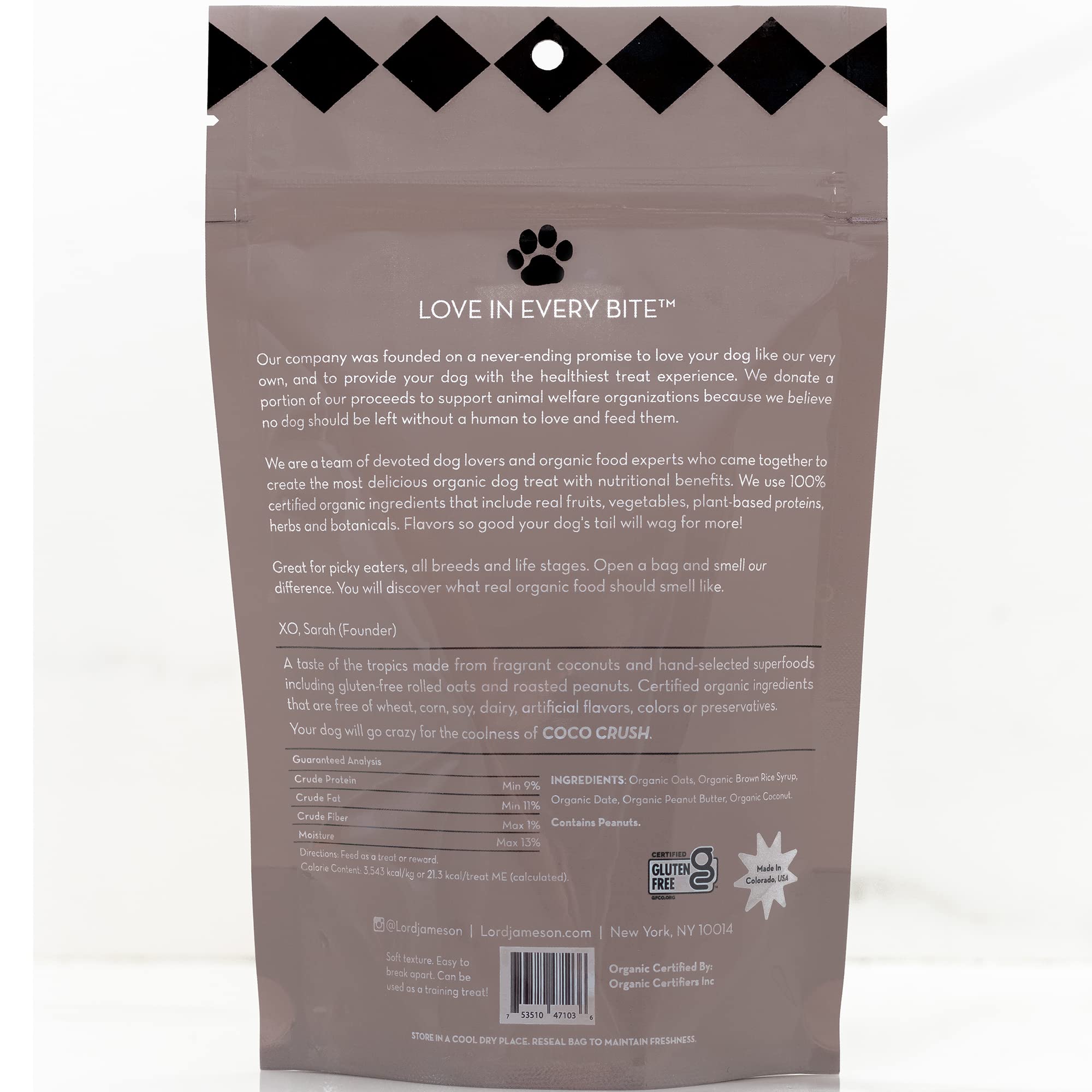 Lord Jameson Coco Crush Organic Dog Treats, Organic Dog Treats Made with Peanut Butter and Coconut, 6 oz. Bag