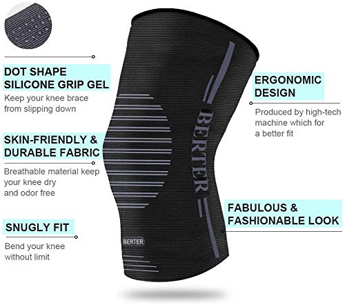 BERTER Knee Compression Sleeve Support for Running, Jogging, Sports - Brace for Joint Pain Relief, Arthritis and Injury Recovery - A Pair (Black, Medium(15.5-18.0"))