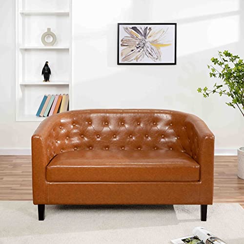 Emma Love Seat, Button Tufted Faux Leather Barrel Loveseat, Midcentury Modern 2 Seater Sofa Couch, Small Loveseat for Small Spaces, Bedrooms, Couches for Living Room, Easy Tool-Free Assembly - Caramel